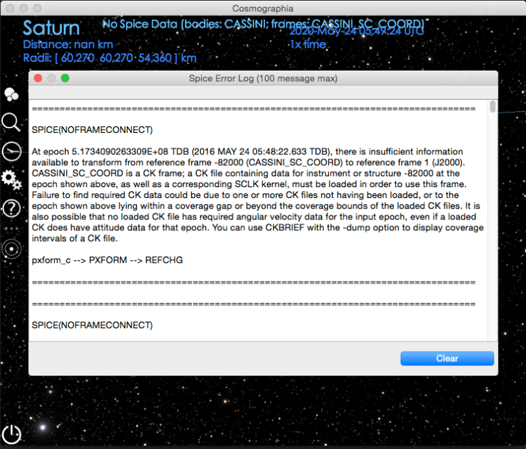 Using the SPICE Error Log | SPICE-enhanced Cosmographia User's Guide